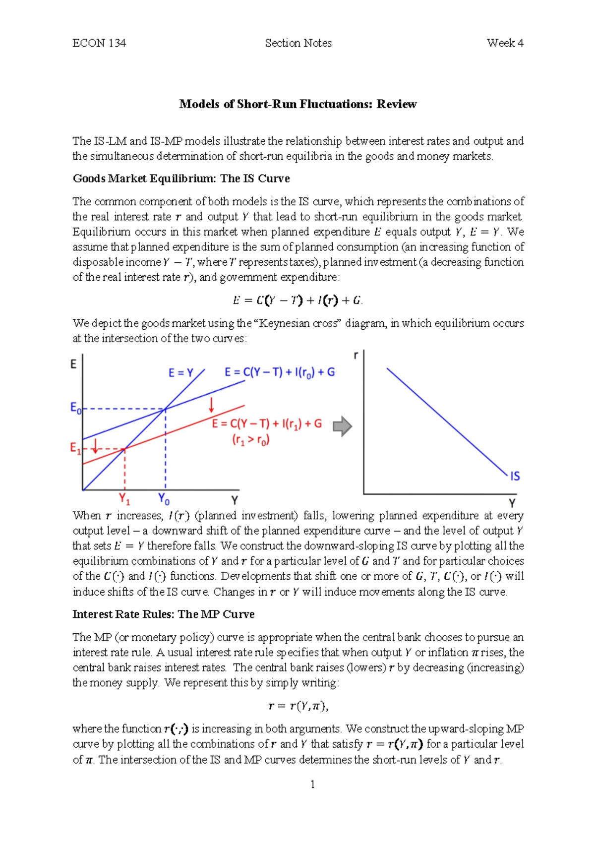 ISMP notes - ECON 134 Section Notes Week 4 1 Models of Short-Run ...