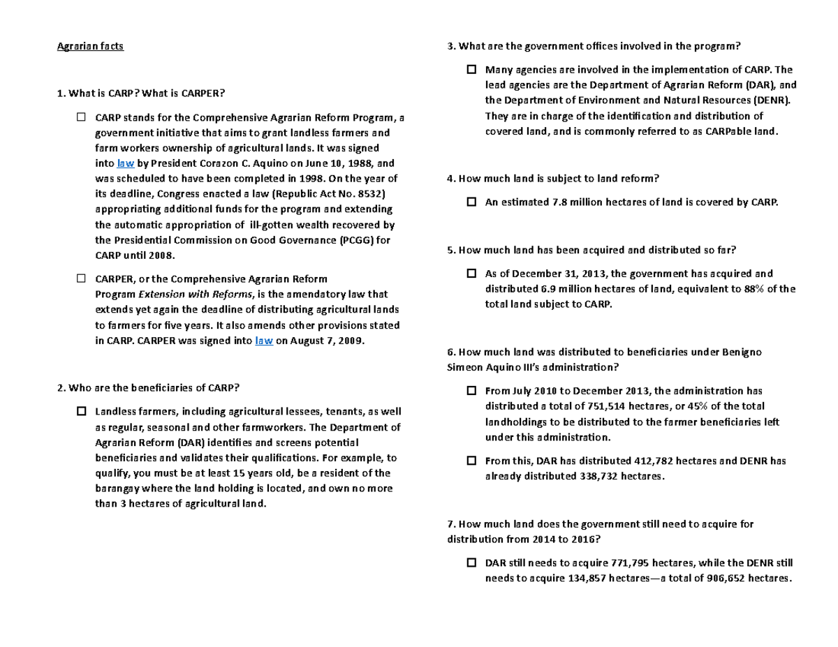 Agrarian facts - What is CARP? What is CARPER? CARP stands for the ...