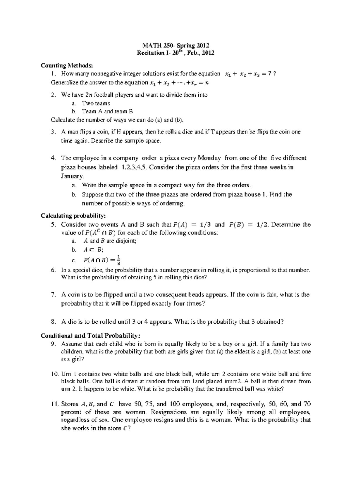 Recitation 1 Spring 2012 - MATH 250- Spring 2012 Recitation I- 20th ...