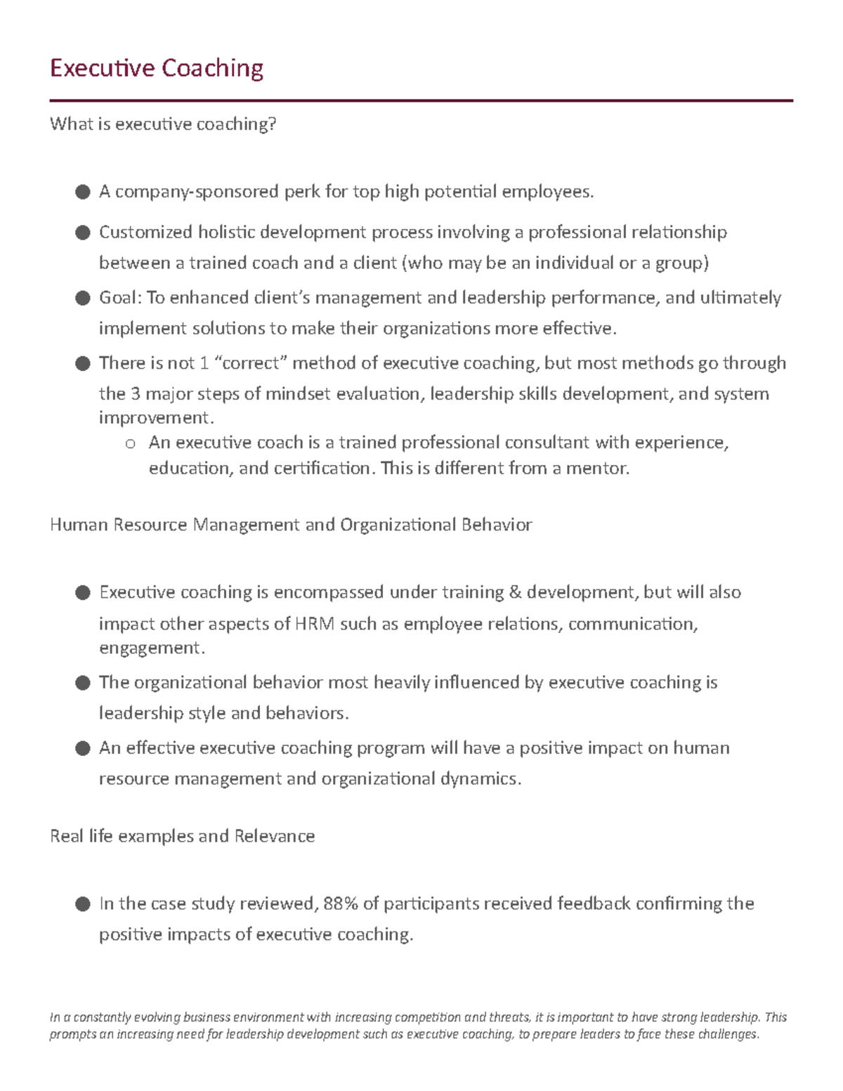 Executive Coaching notes - Executive Coaching What is executive ...