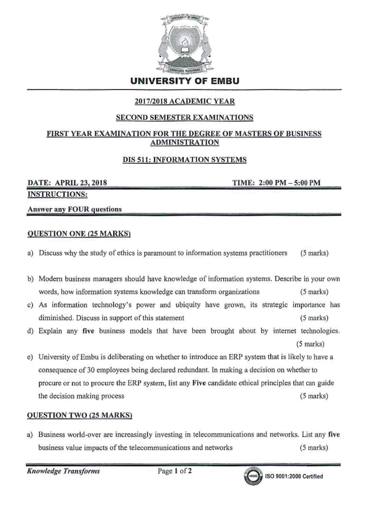 DIS 511 Information Systems - April 2018 - UNIVERSITY OF EMBU 2017/2018 ...