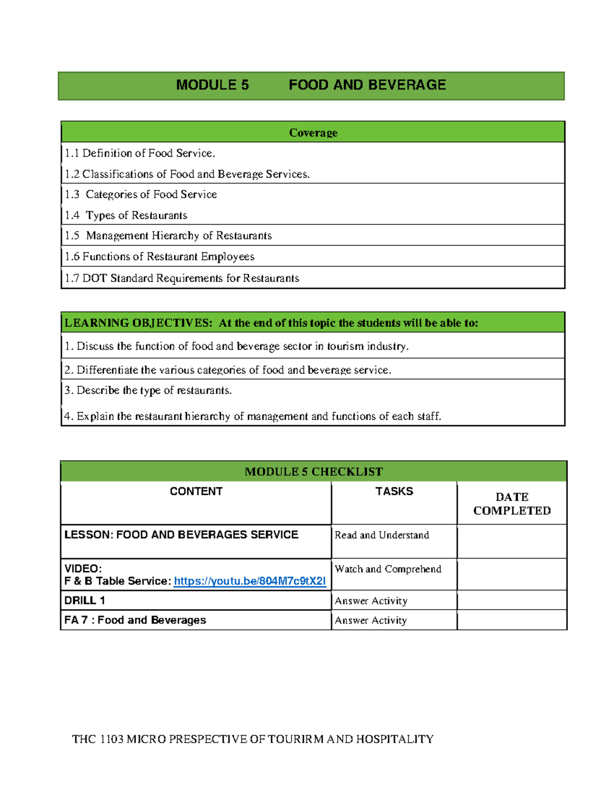 Module 5- Food and Beverages - MODULE 5 CHECKLIST CONTENT TASKS DATE ...