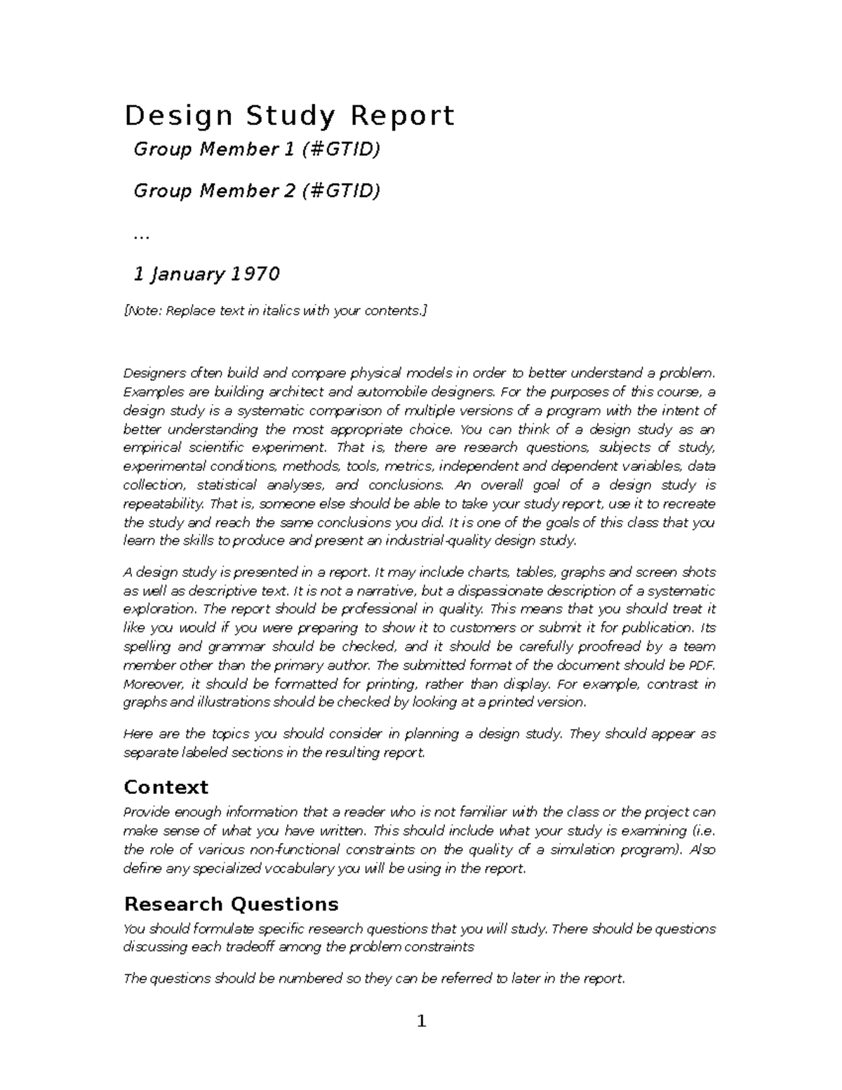 Design Studies - Design Study Report Group Member 1 (#GTID) Group ...