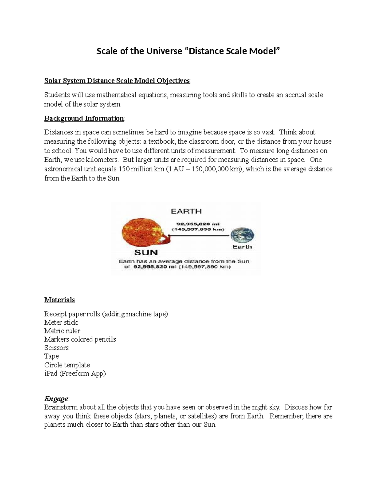 Distance Scale Model Project Revised - Scale of the Universe “Distance ...