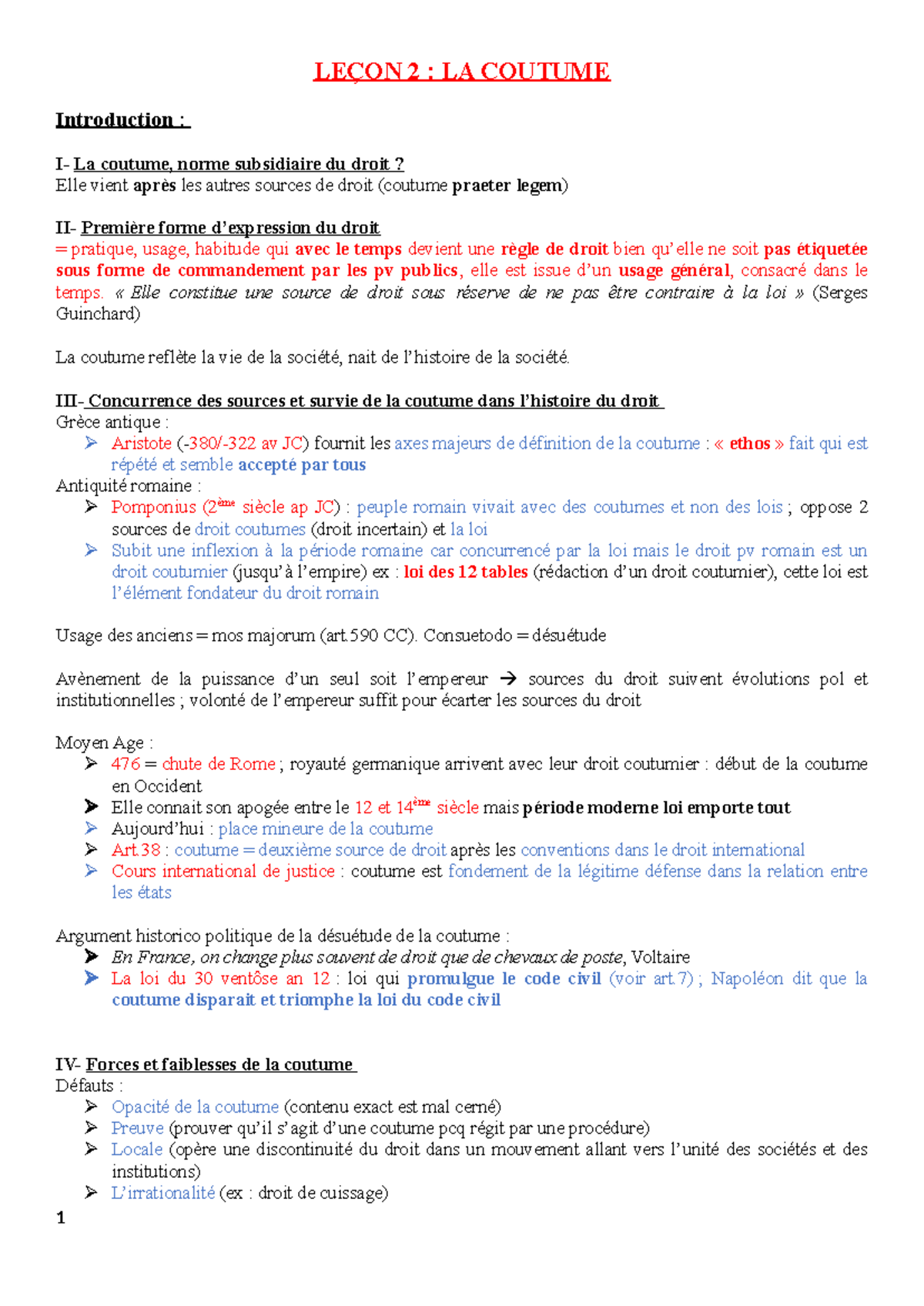 Leçon 2 - histoire du droit - LEÇON 2 : LA COUTUME Introduction : I- La ...