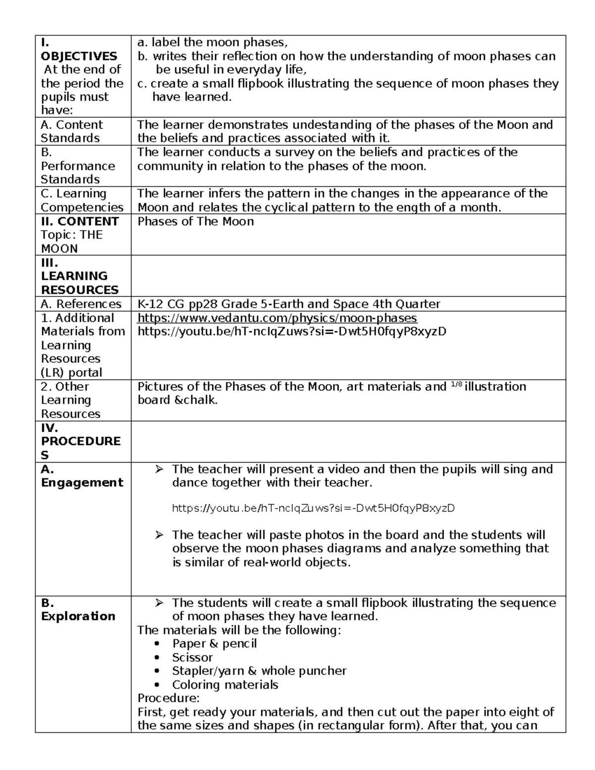 Phases-OF-THE-MOON - N/A - I. OBJECTIVES At the end of the period the ...