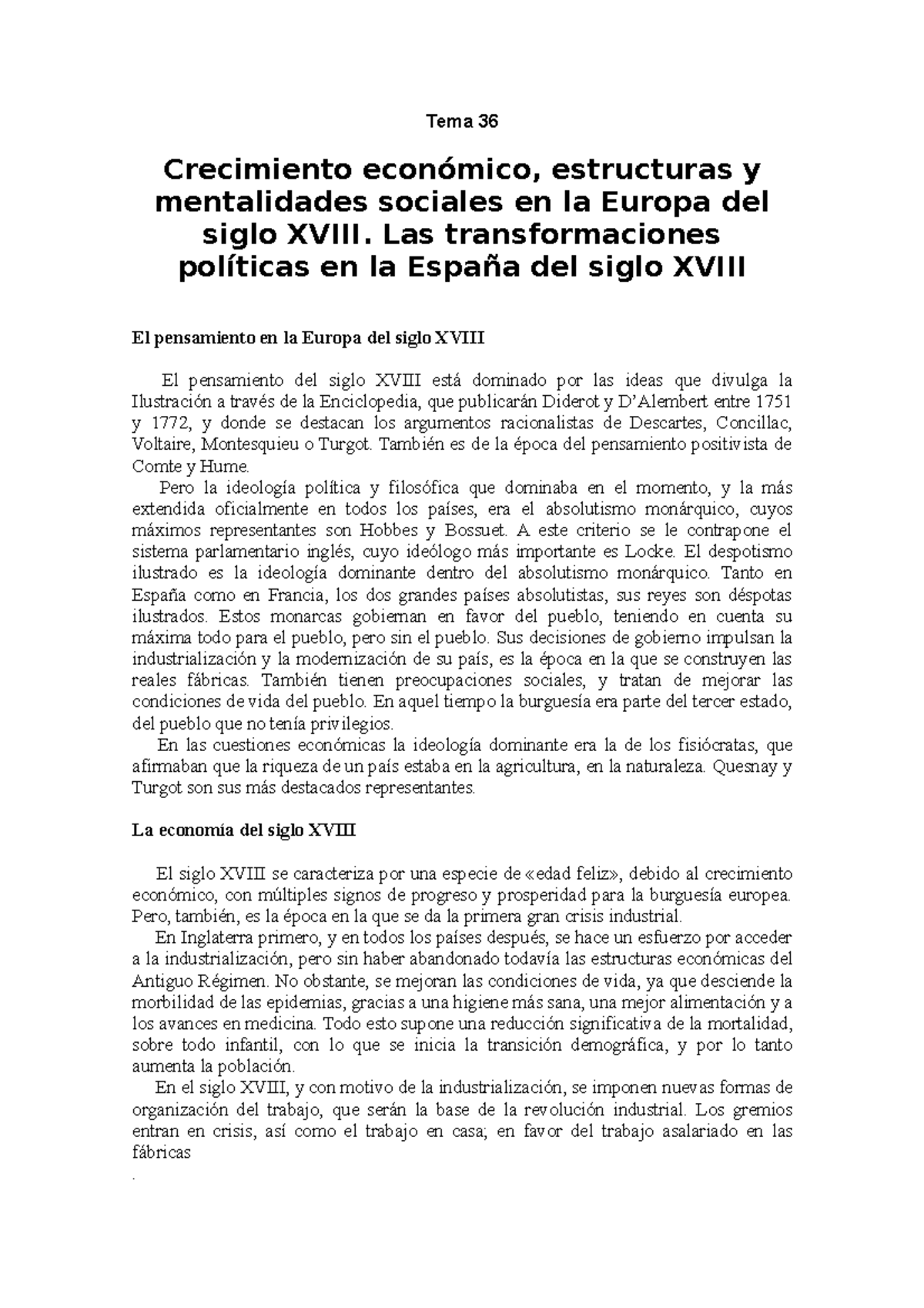 ECONOMÍA Y POLÍTICA EN EUROPA S.XVIII - Tema 36 Crecimiento económico, estructuras y ...