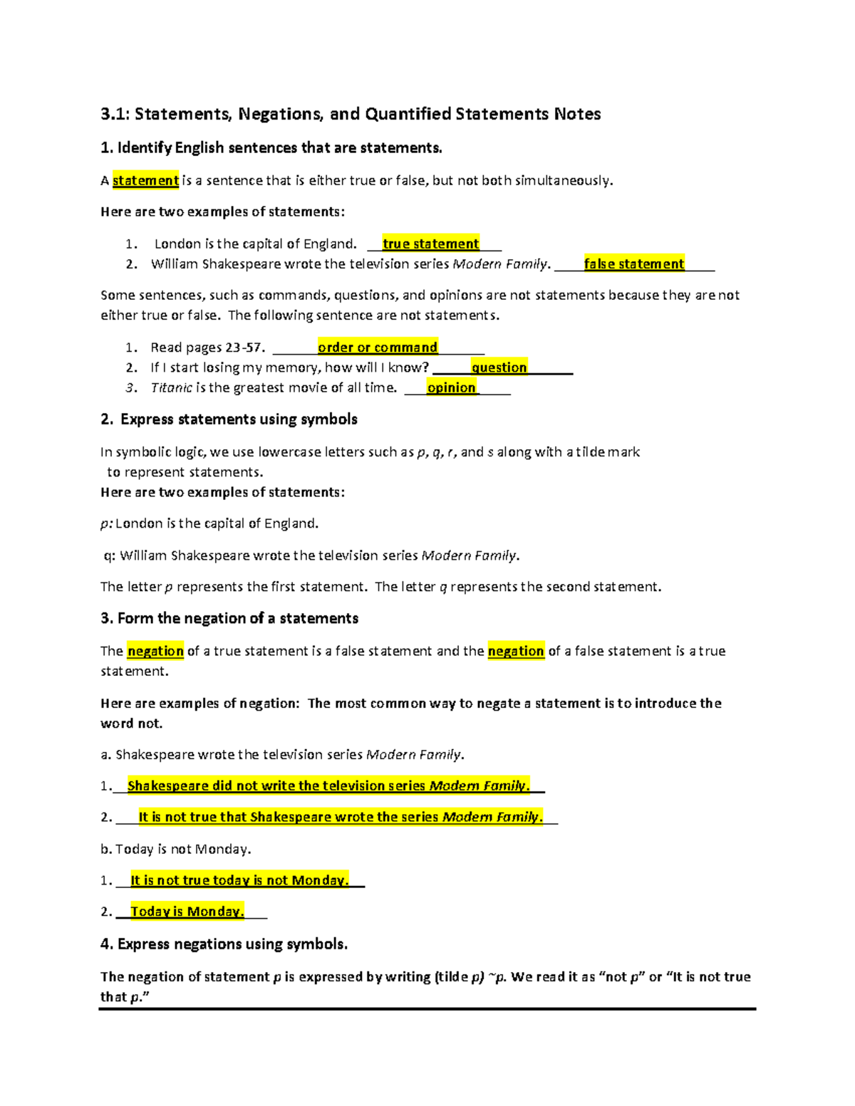 3.1 Notes - 3: Statements, Negations, and Quantified Statements Notes 1 ...