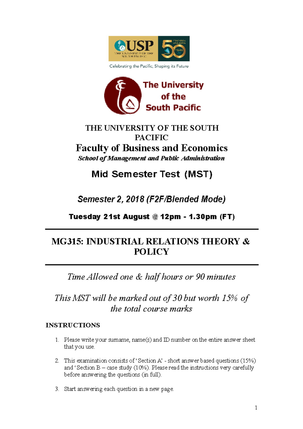 2018 mst solution - THE UNIVERSITY OF THE SOUTH PACIFIC Faculty of ...