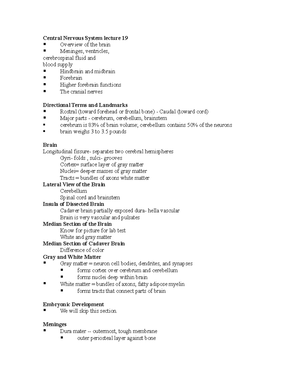 Ap outline 19 - Lecture notes lecture 19 - Central Nervous System ...