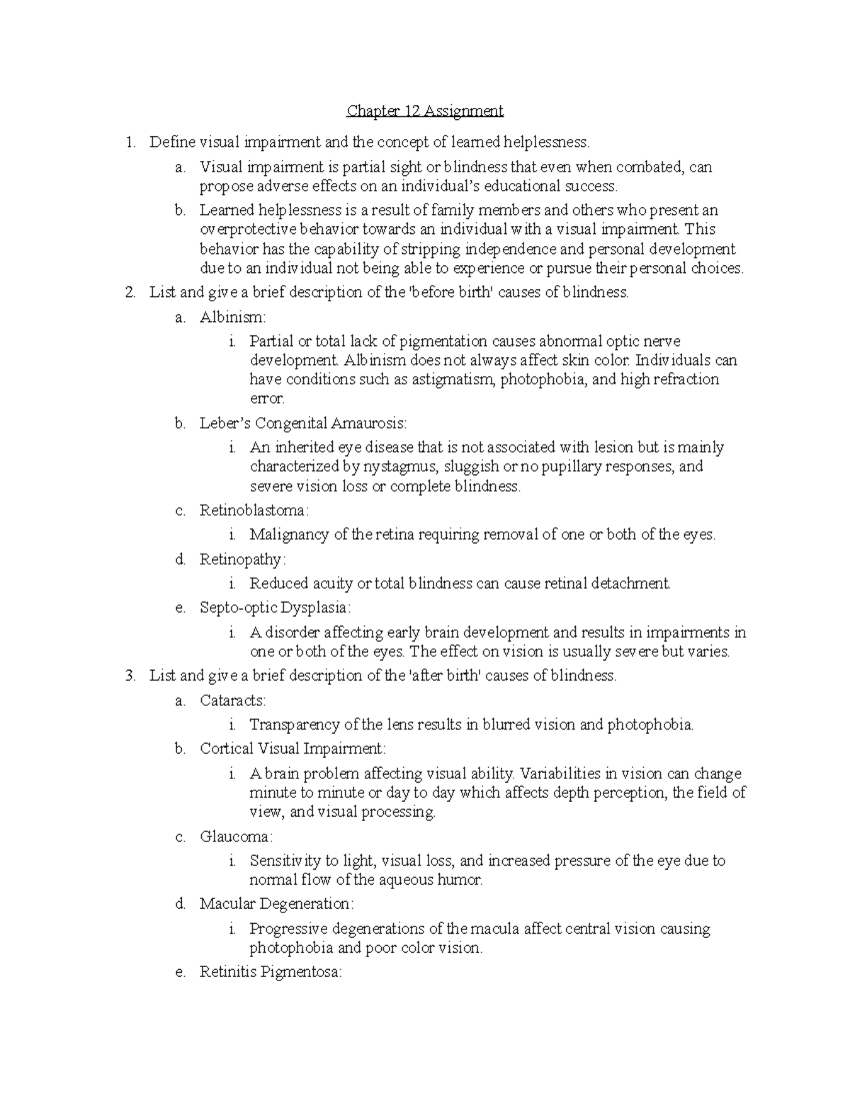 Chapter 10 Assignment (Special Populations) - Chapter 12 Assignment Define visual impairment and ...