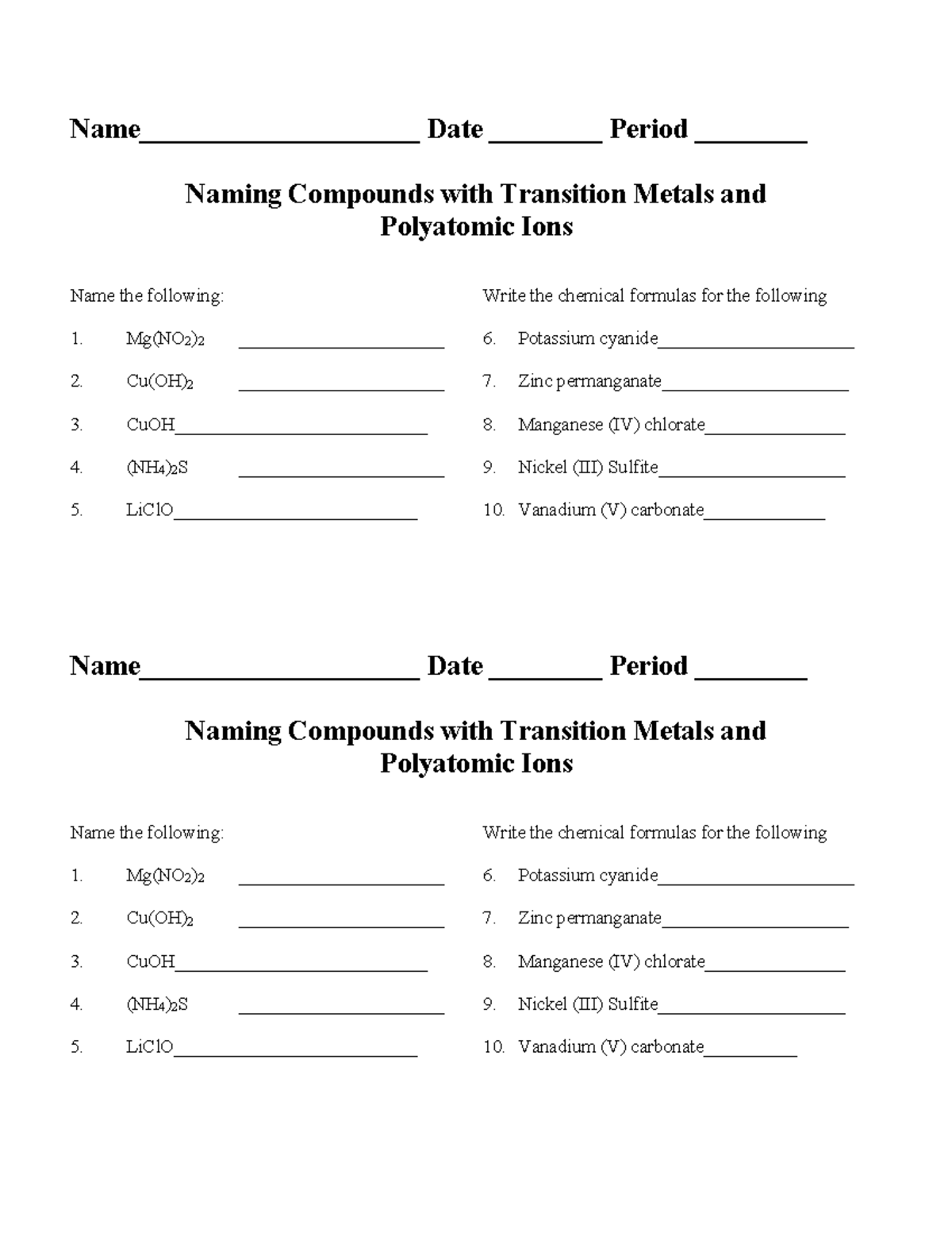Naming compounds with transition metals and polyatomic ions worksheet ...