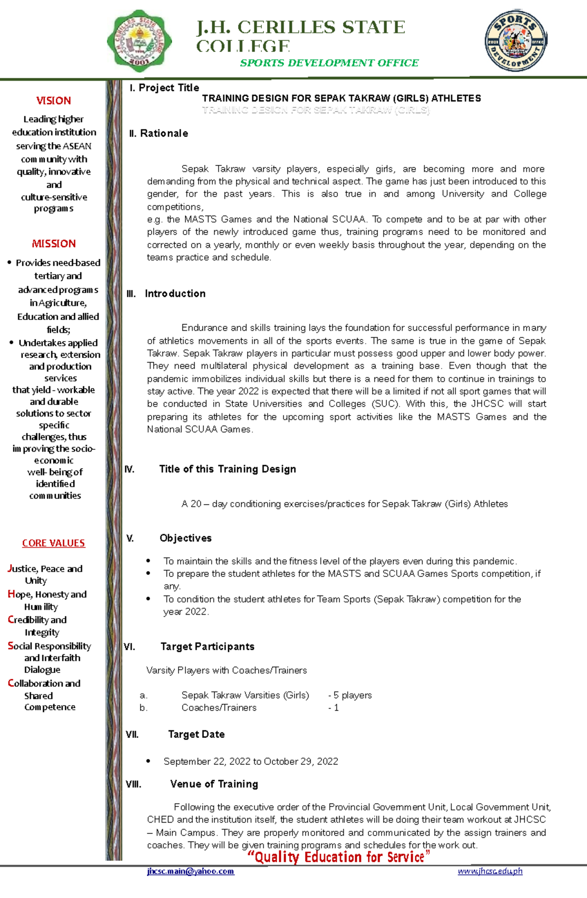 Training Design Takraw Girls 1 - COLLEGE SPORTS DEVELOPMENT OFFICE ...