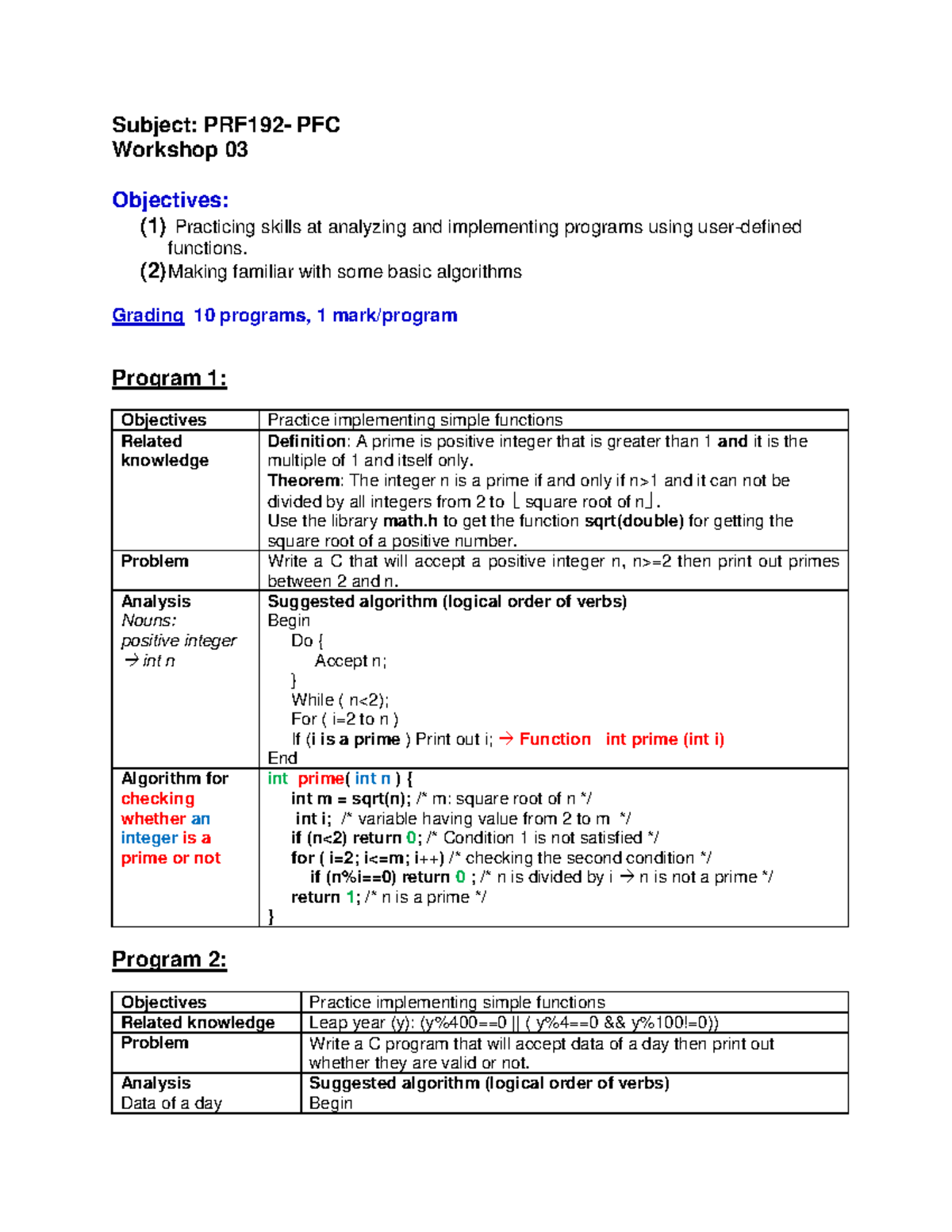 Assignment requirement W3 - Subject: PRF192- PFC Workshop 03 Objectives: (1) Practicing skills ...