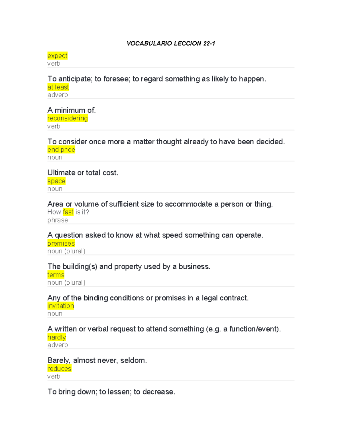 Vocabulario Leccion 22 - VOCABULARIO LECCION 22- expect verb To ...