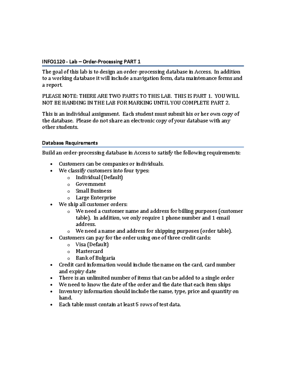 Exam 7 December 2018, questions - INFO1120 - Lab – Order-Processing PART 1 The goal of this lab ...
