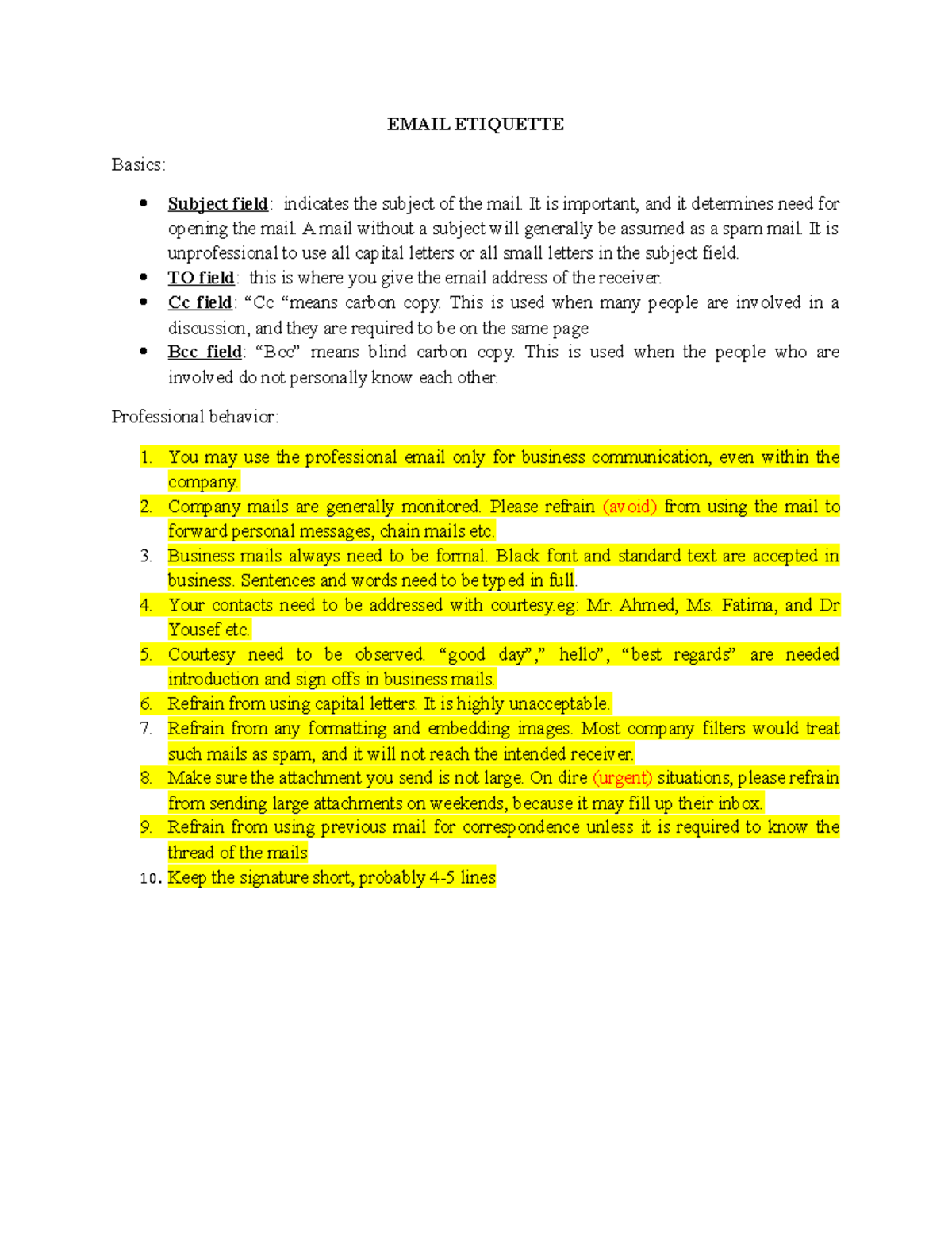 1. Email Etiquette - Read - EMAIL ETIQUETTE Basics: Subject field ...
