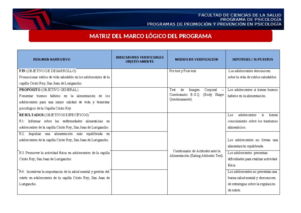 Matriz DE Marco Lógico - FACULTAD DE CIENCIAS DE LA SALUD PROGRAMA DE ...