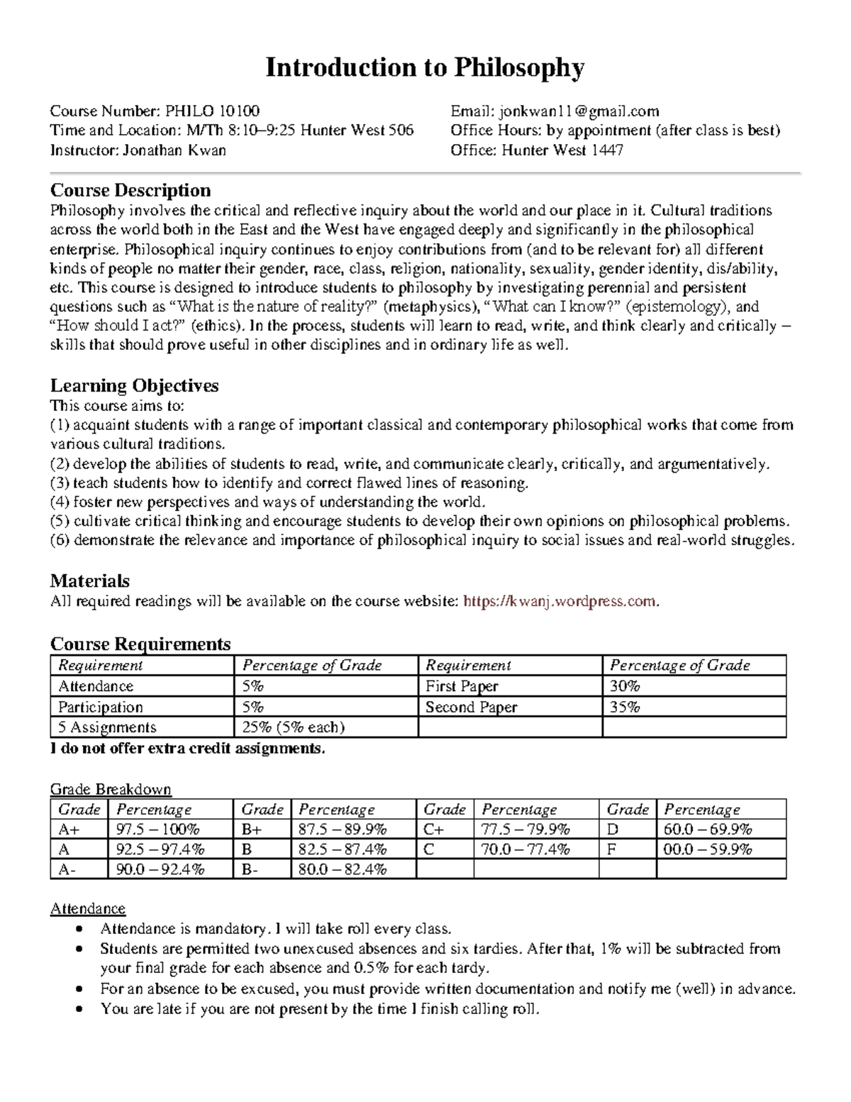 Philo-10100-syllabus 3 - Introduction to Philosophy Course Number ...