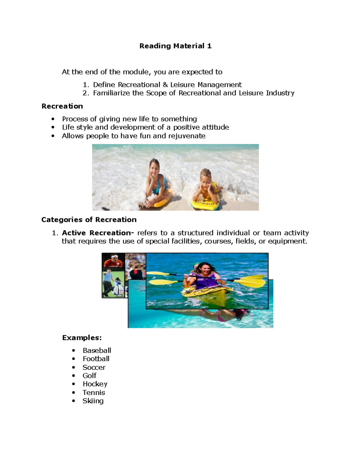 Reading Material 1 - Examples: Baseball Football Soccer Golf Hockey ...