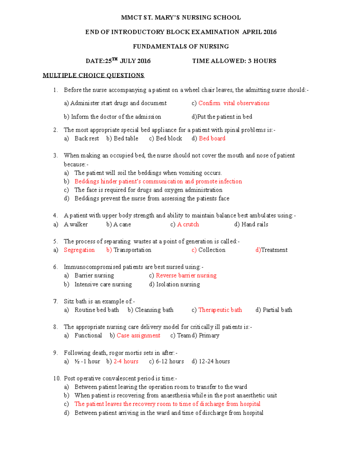 KEY Introductory Block EXAM - MMCT ST. MARY’S NURSING SCHOOL END OF ...