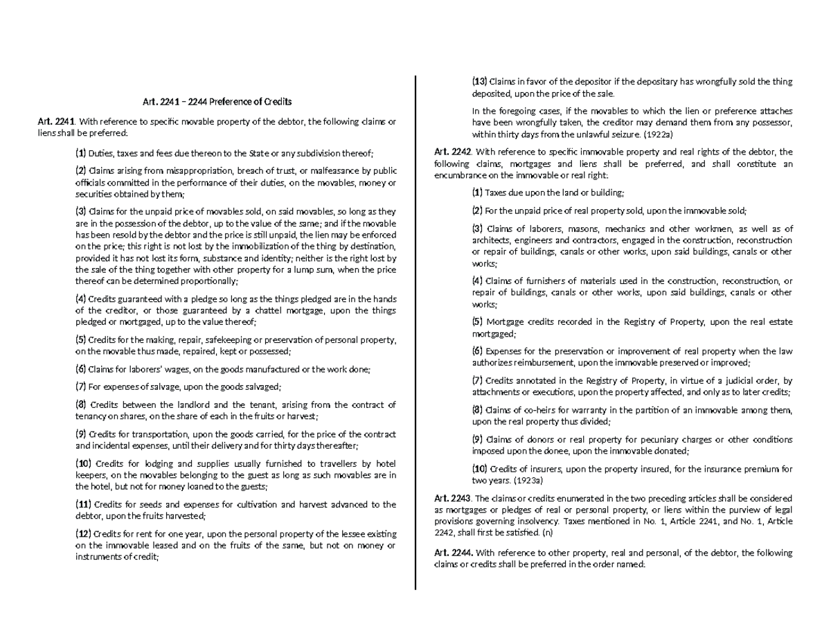 2241-2244 - Codals - Art. 2241 – 2244 Preference of Credits Art. 2241 ...