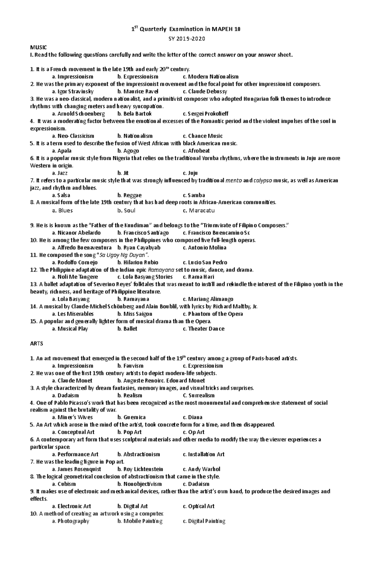 Summative Test Mapeh Grade 7 Answer Key For Modudes To No 1 Vrogue