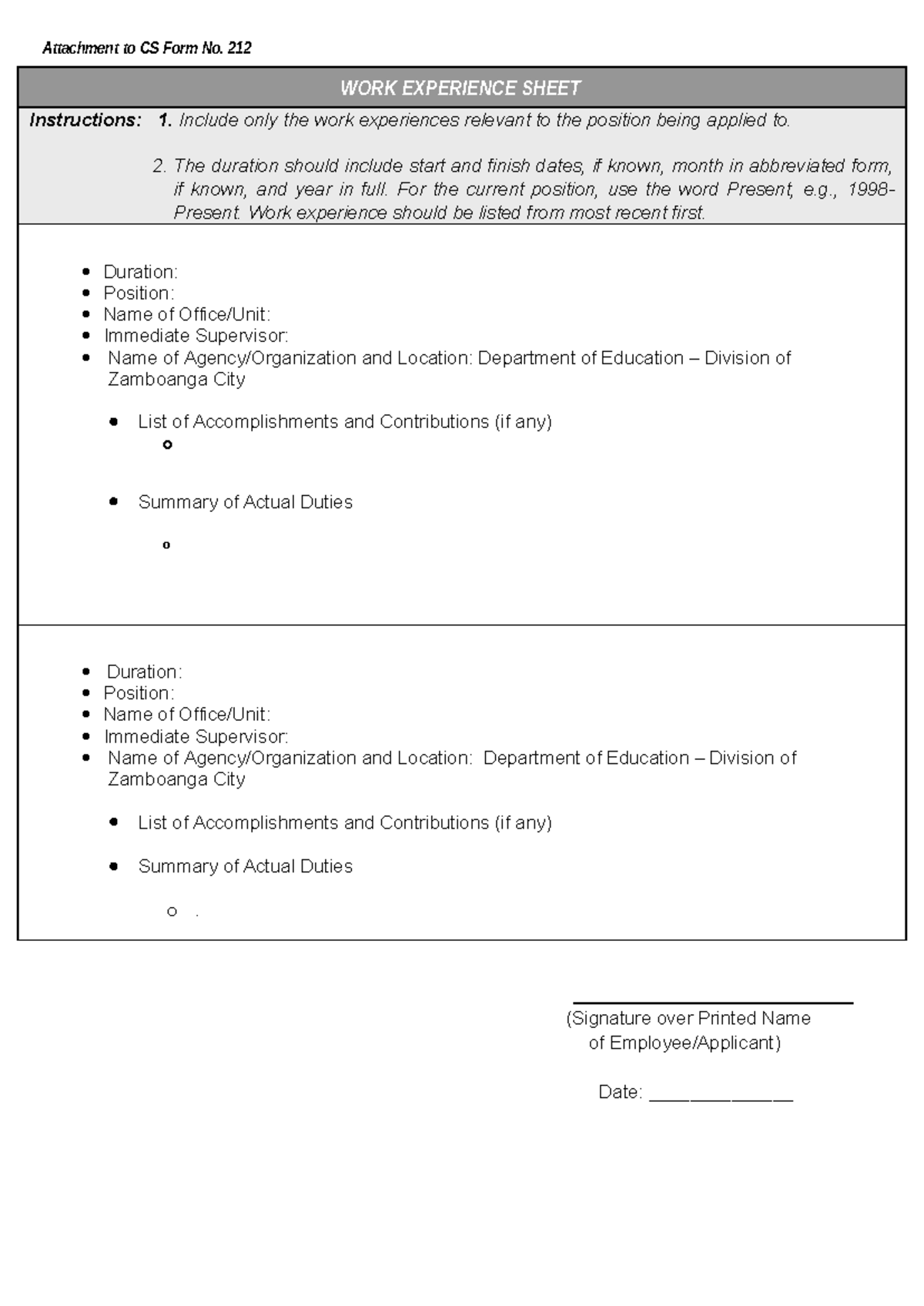 CS Form No. 212 Attachment - Work Experience Sheet - Blank - (Signature ...