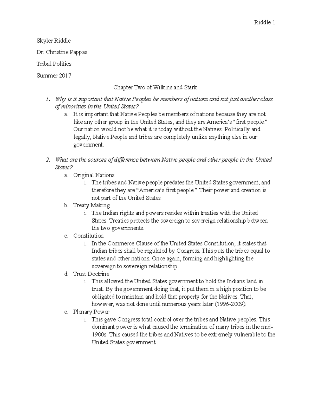 STR Tribal Politics Wilkins Ch 2 - Riddle 1 Skyler Riddle Dr. Christine ...