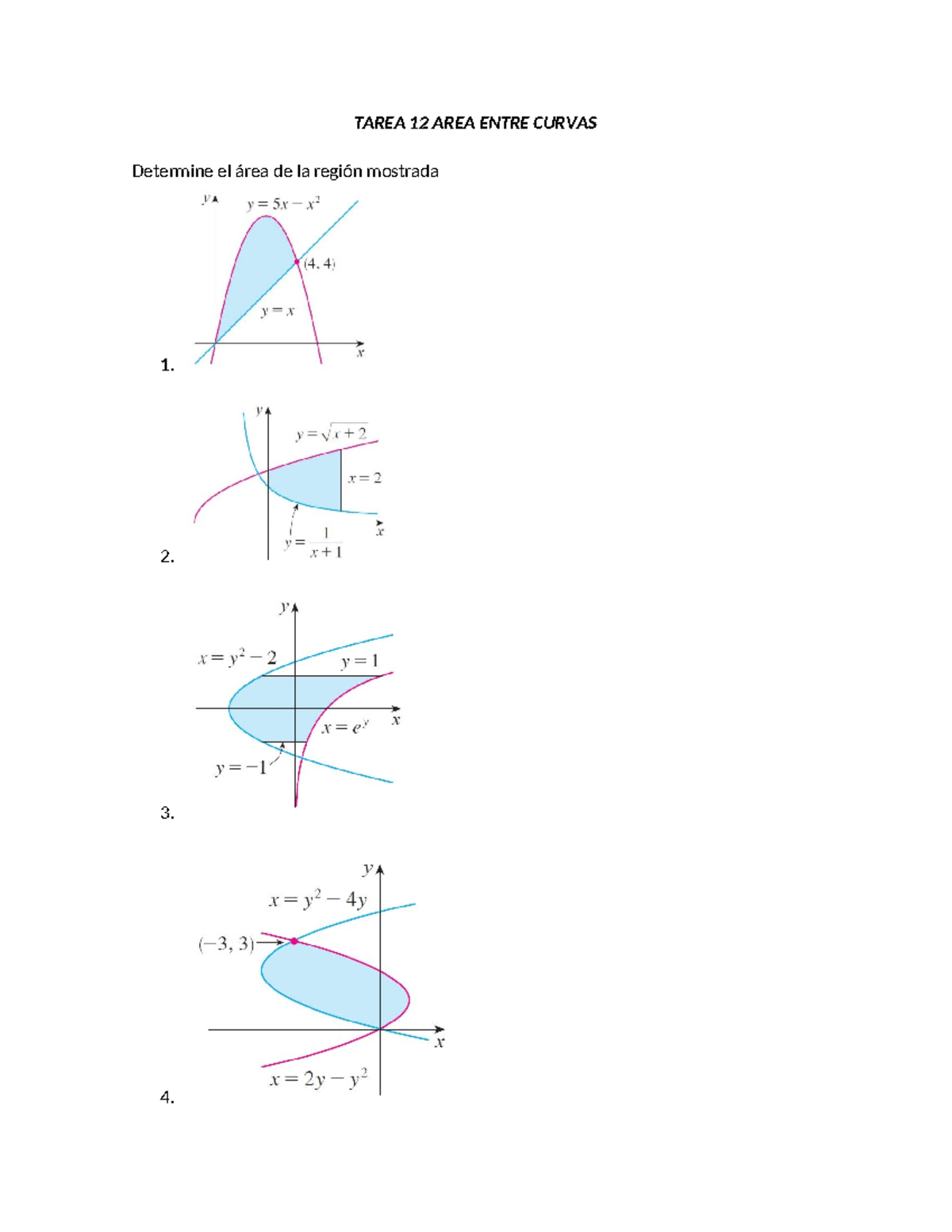 Tarea 12 AREA Entre Curvas - Cálculo Integral - TAREA 12 AREA ENTRE CURVAS Determine el área de ...