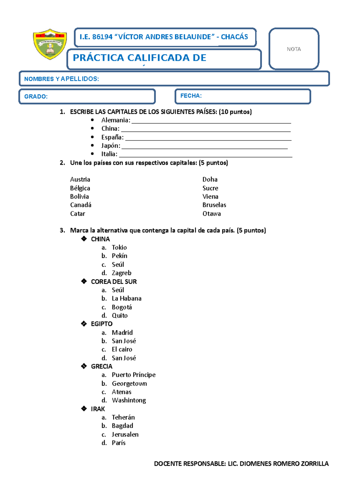 Practica Calificada Capitales del mundo - ESCRIBE LAS CAPITALES DE LOS ...