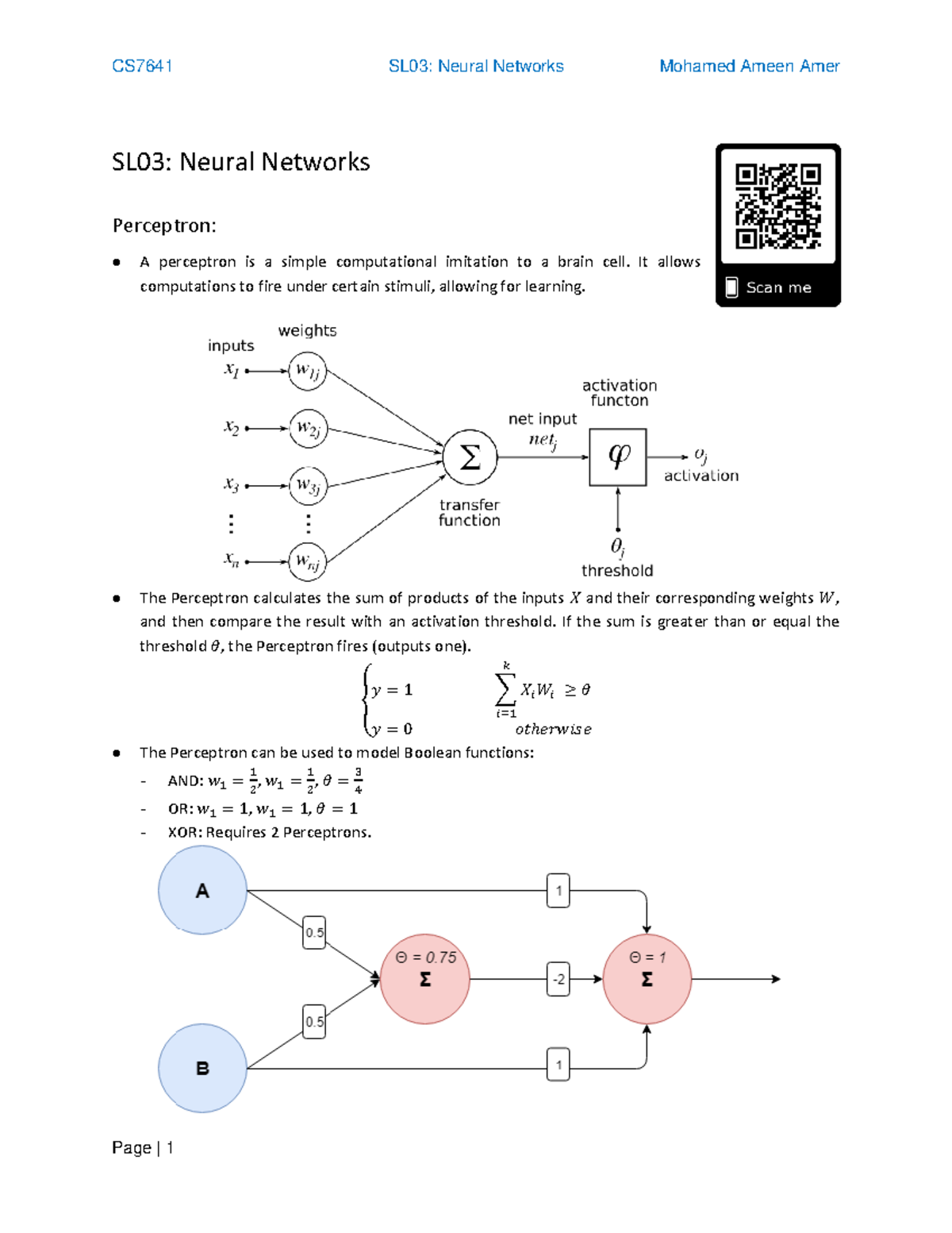 SL03. Neural Networks - SL03: Neural Networks Perceptron: A perceptron is a simple computational ...