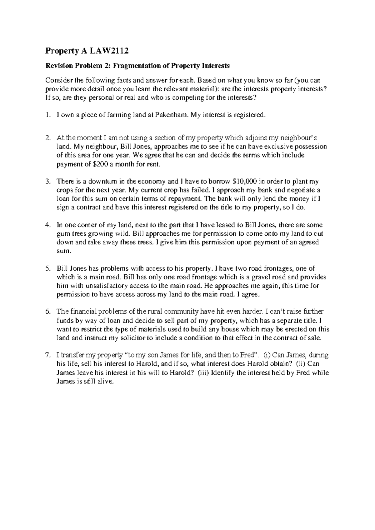 Revision Problem 2 Fragmentation of Property Interests - Property A LAW ...