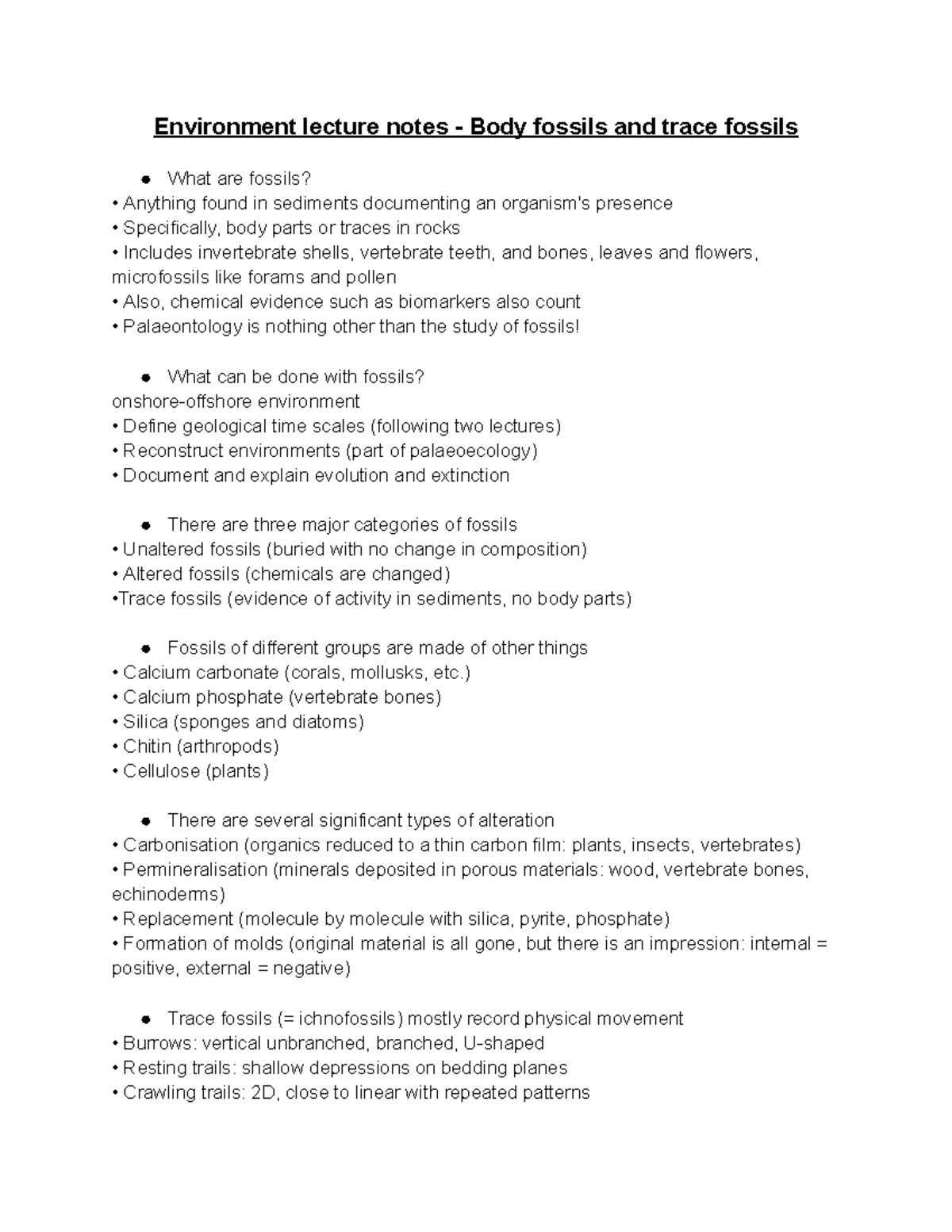 Environment lecture notes - Body fossils and trace fossils - ) Calcium ...