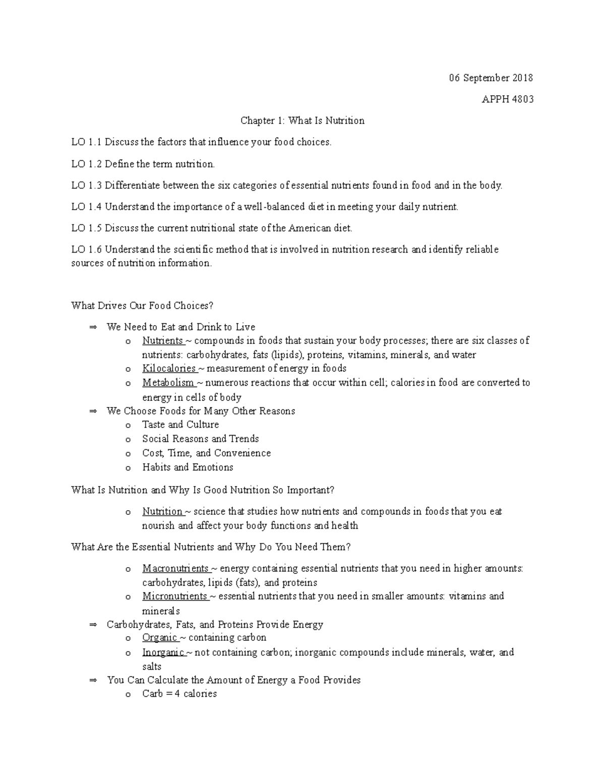 Chapter 1 - What Is Nutrition - 06 September 2018 APPH 4803 Chapter 1 ...