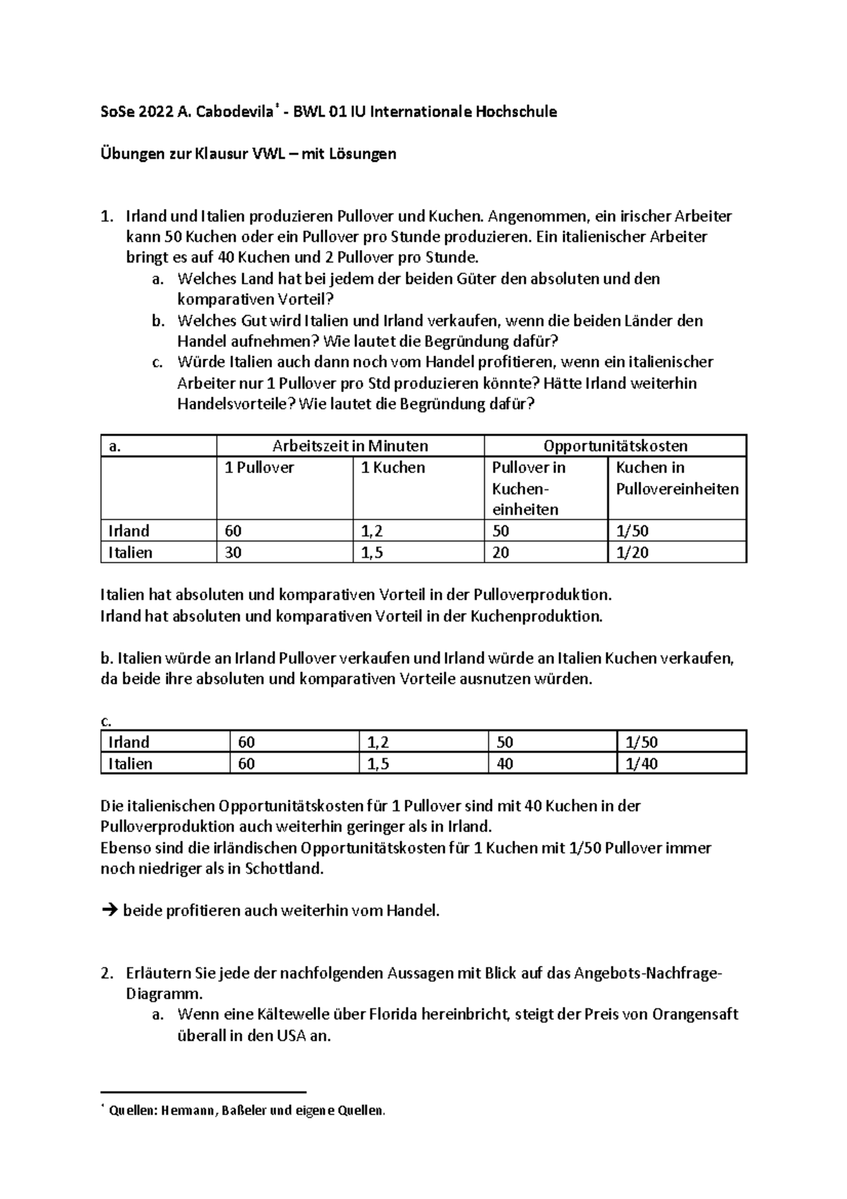 So Se 2022 Übungen mit Lösungen - SoSe 2022 A. Cabodevila* - BWL 01 IU Internationale Hochschule ...