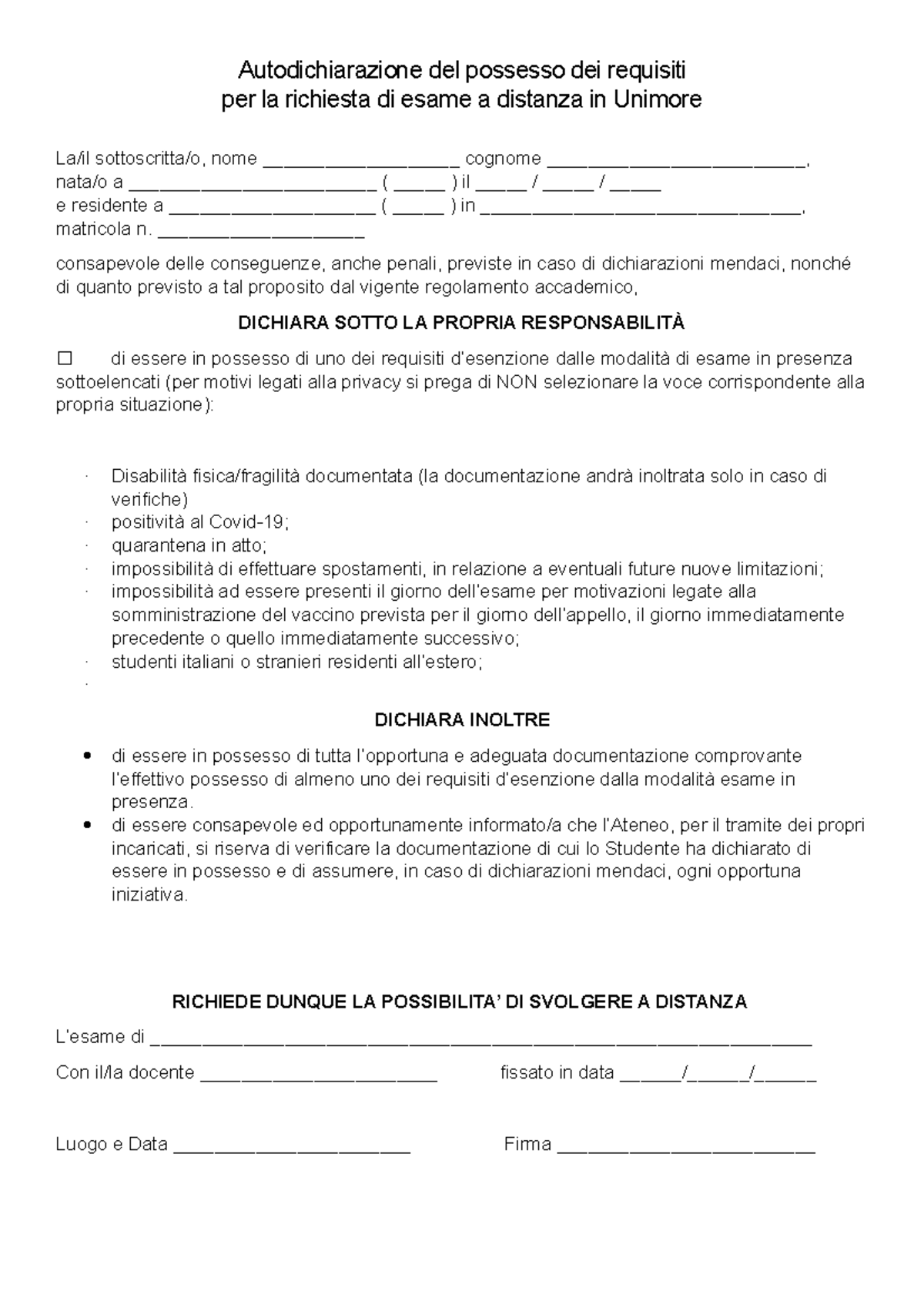 Modulo Richiesta Esamea Distanza-2022 - Autodichiarazione del possesso ...