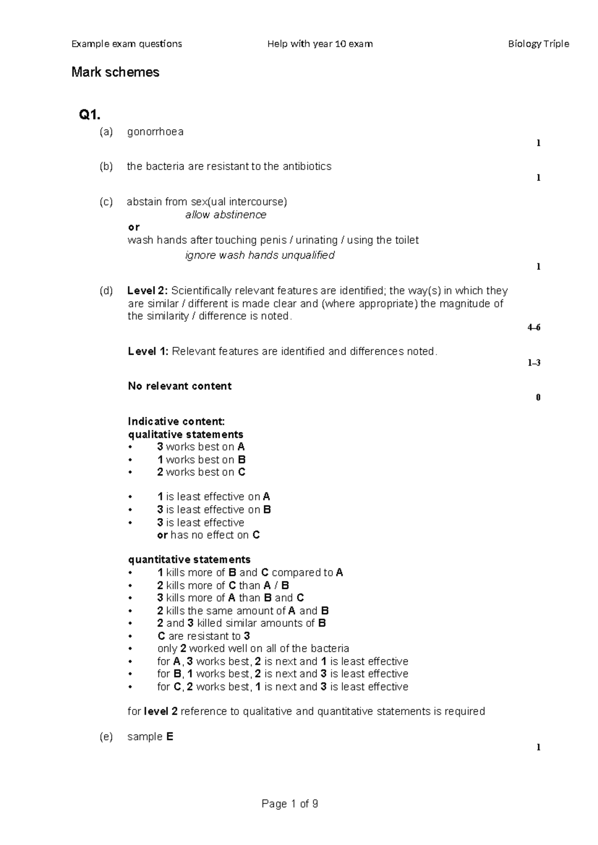 Triple biology Exam question homework MS - Mark schemes Q1. (a) gonorrhoea 1 (b) the bacteria ...
