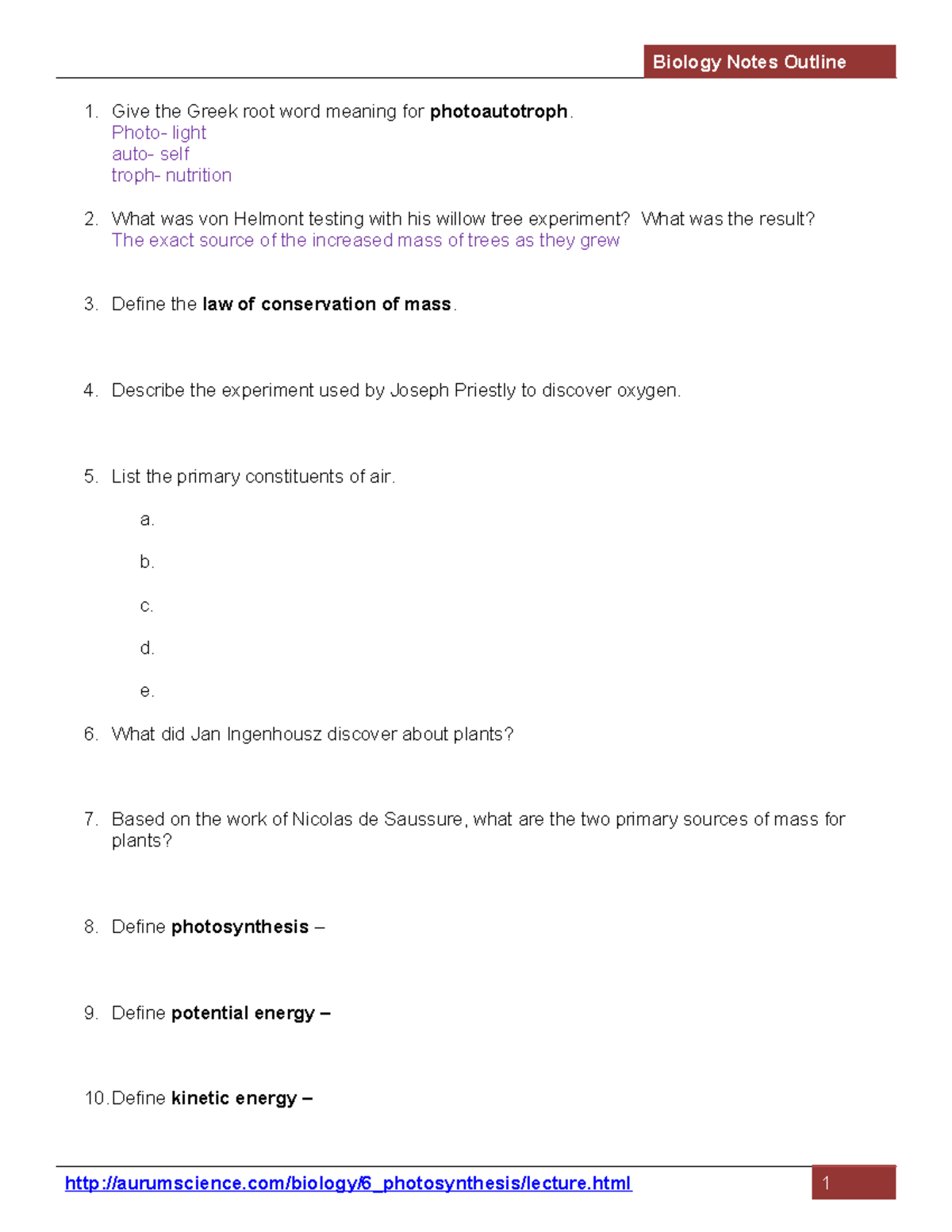 Photosynthesis Notes Outline - Give the Greek root word meaning for ...