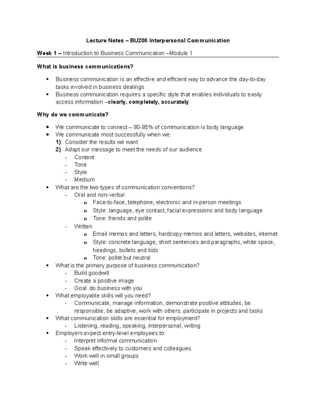 BU208 Notes - Lecture Notes – BU208 Interpersonal Communication Week 1 ...