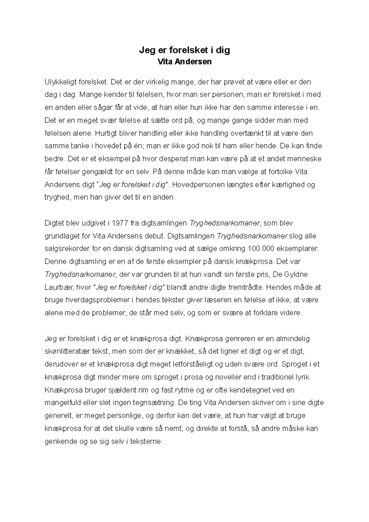 Jeg er forelsket i dig - analyse - Jeg er forelsket i dig Vita Andersen Ulykkeligt forelsket ...