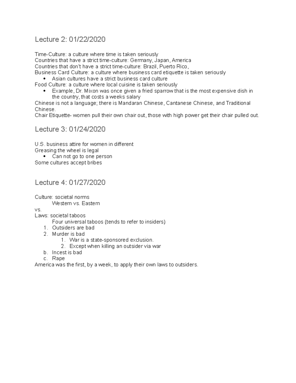 Lecture 2 3 4 - Dr. Mixon - Lecture 2: 01/22/ Time-Culture: a culture ...