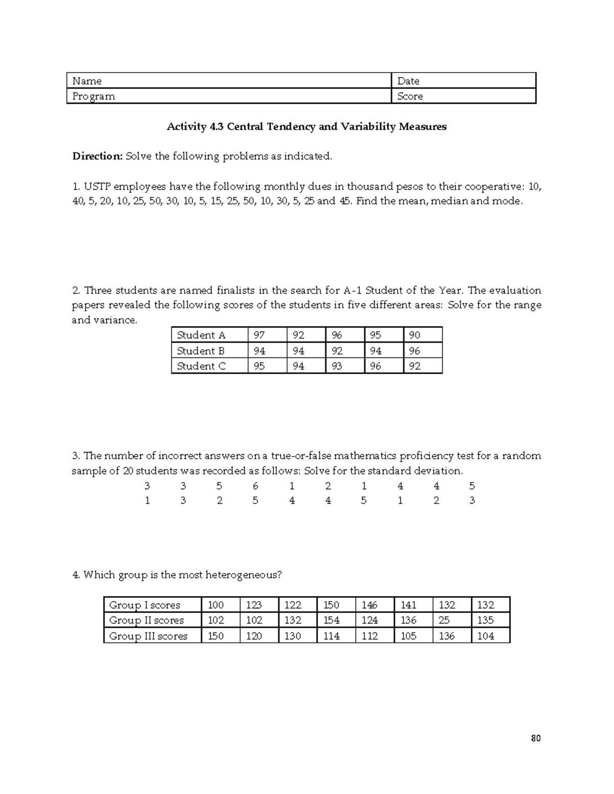 Activity 4 - 80 Name Date Program Score Activity 4 Central Tendency and ...