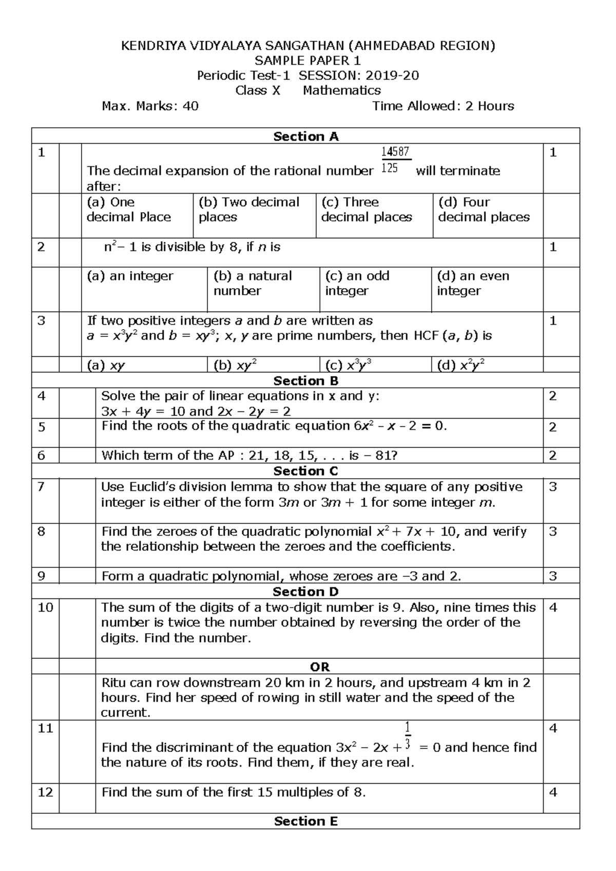 Sample Paper Class X Maths - KENDRIYA VIDYALAYA SANGATHAN (AHMEDABAD ...