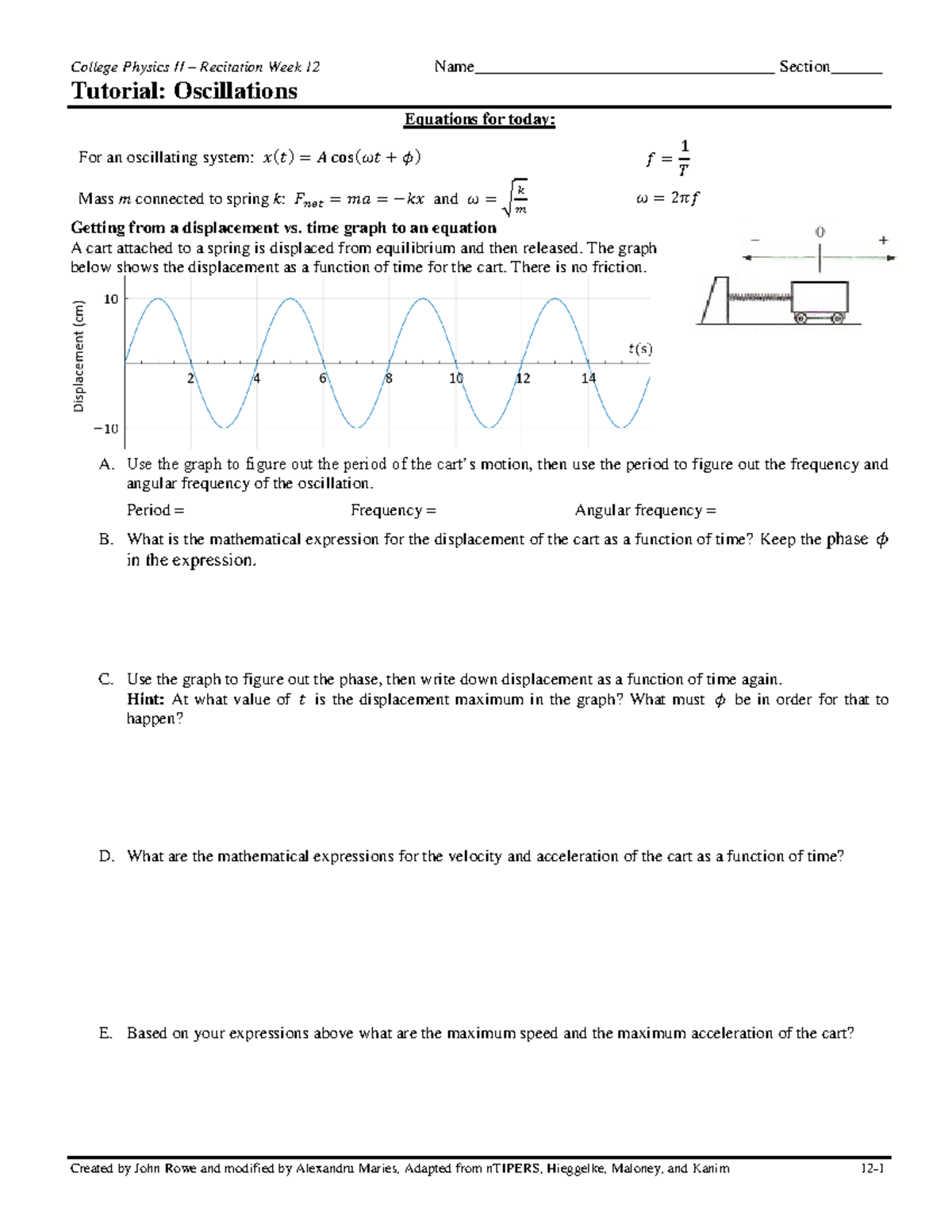 CP2 Recitation Tutorial - Week 12 - Oscillations 4 - College Physics II ...