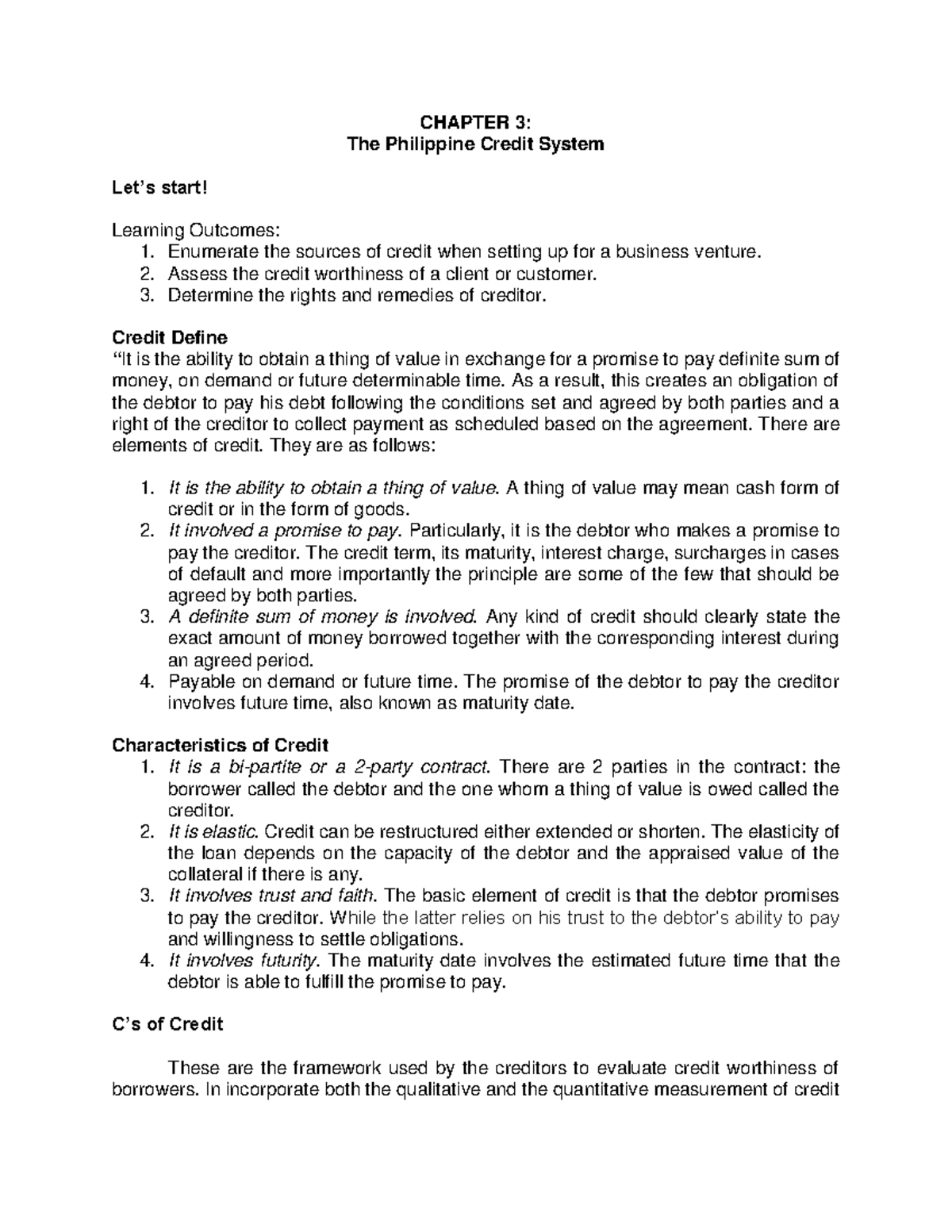 Chapter 3 Philippine Credit System - CHAPTER 3: The Philippine Credit ...