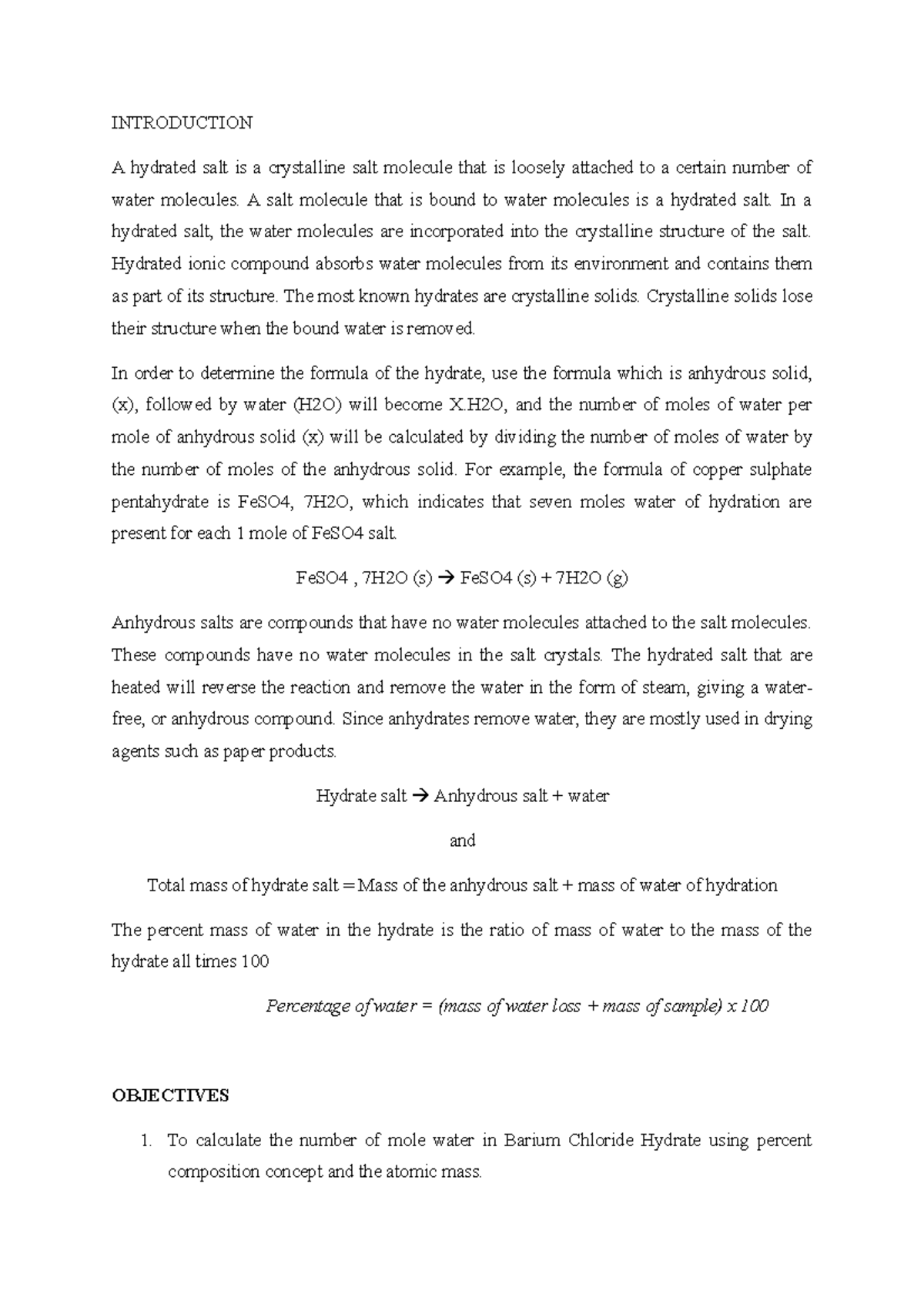 Chm - lab - INTRODUCTION A hydrated salt is a crystalline salt molecule ...