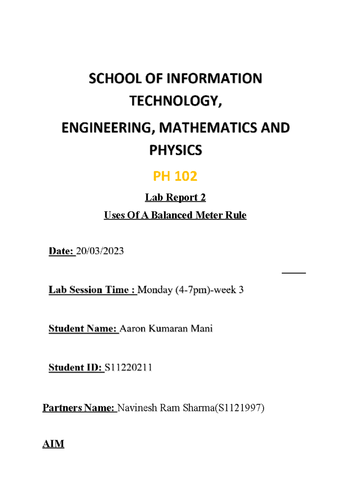 PH 102 LAB 2 - good - PH 102 Lab Report 2 Uses Of A Balanced Meter Rule ...