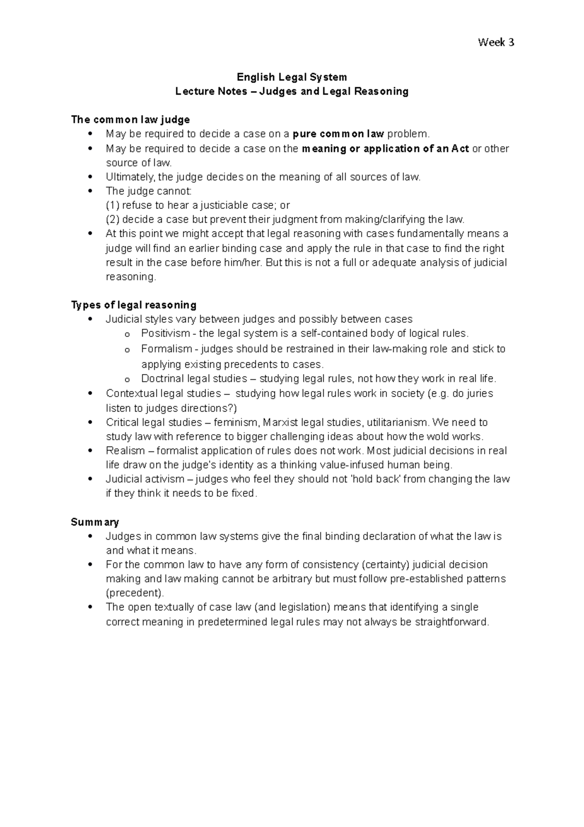 The Role of Judges and Legal Reasoning - Week 3 English Legal System ...