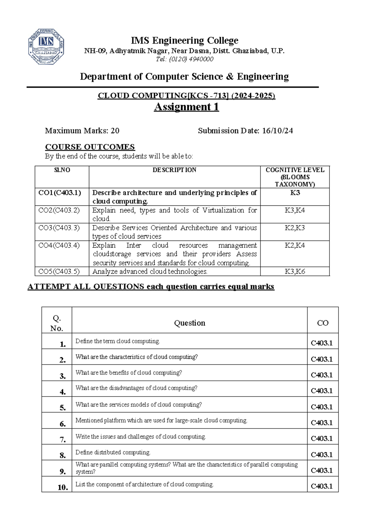 14102024 1154 Assignment 1 cc - IMS Engineering College NH-09, Adhyatmik Nagar, Near Dasna ...